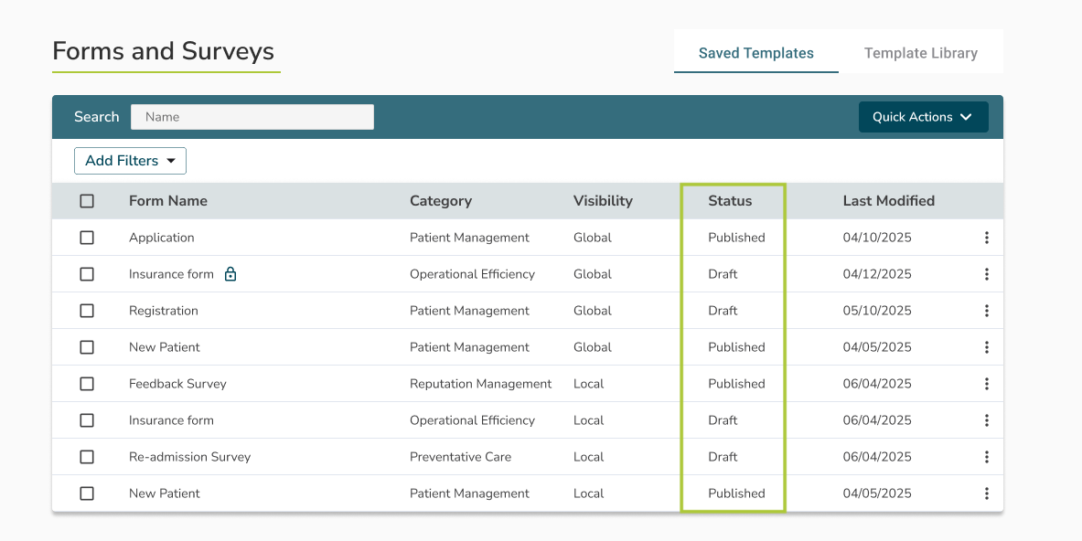 Form Template Status - Cliniconex